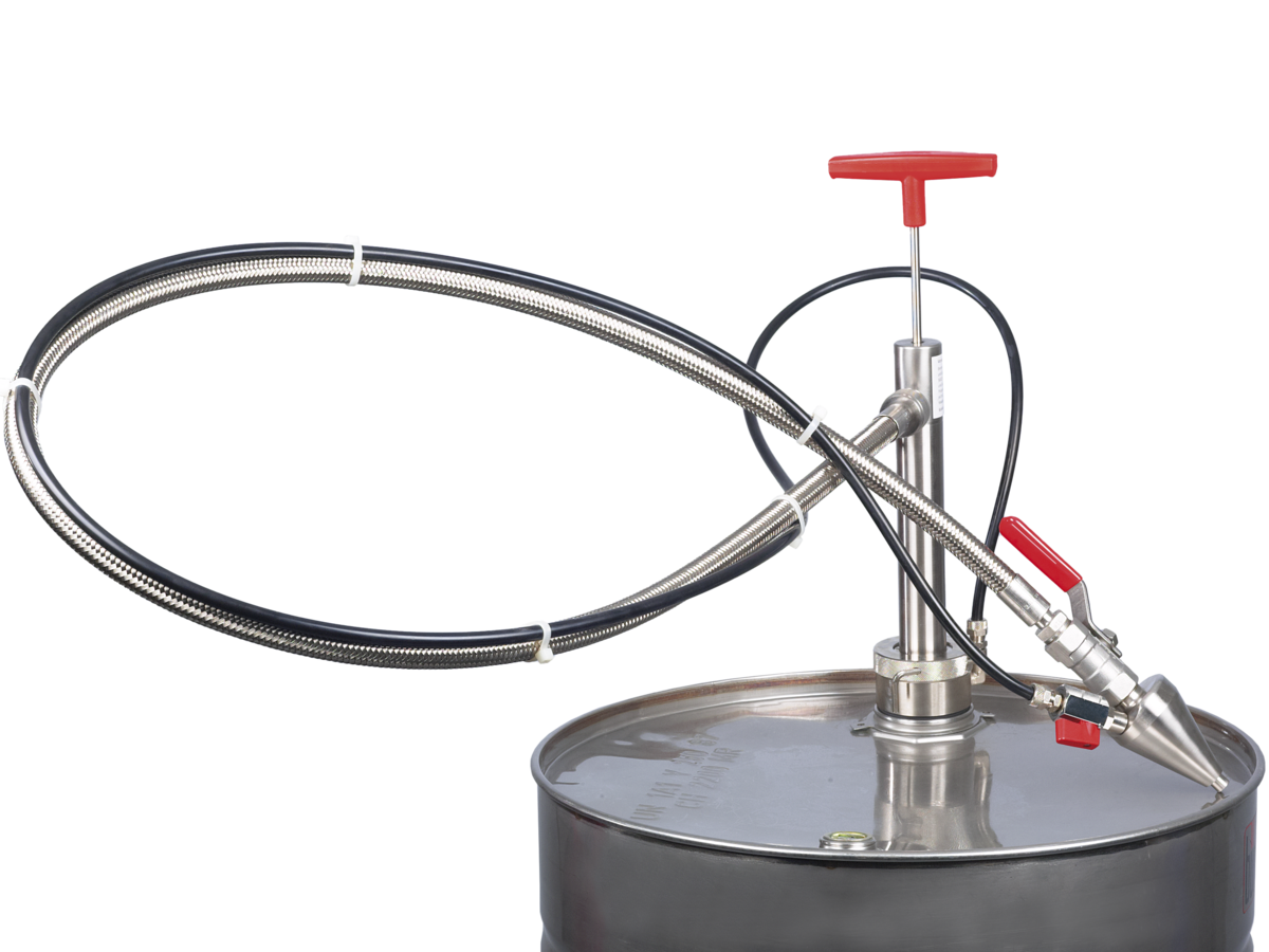 Gas-tight stainless steel barrel pump - discharge hose/stopcock 16 mm 49 mm