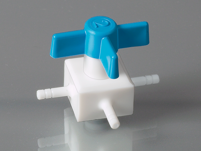 Valves made of PTFE, three-way blau/weiss 2 mm
