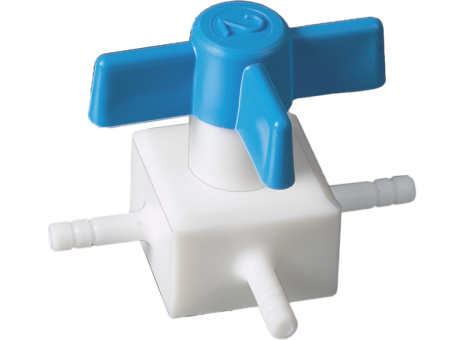 Valves made of PTFE, three-way blau/weiss 2 mm
